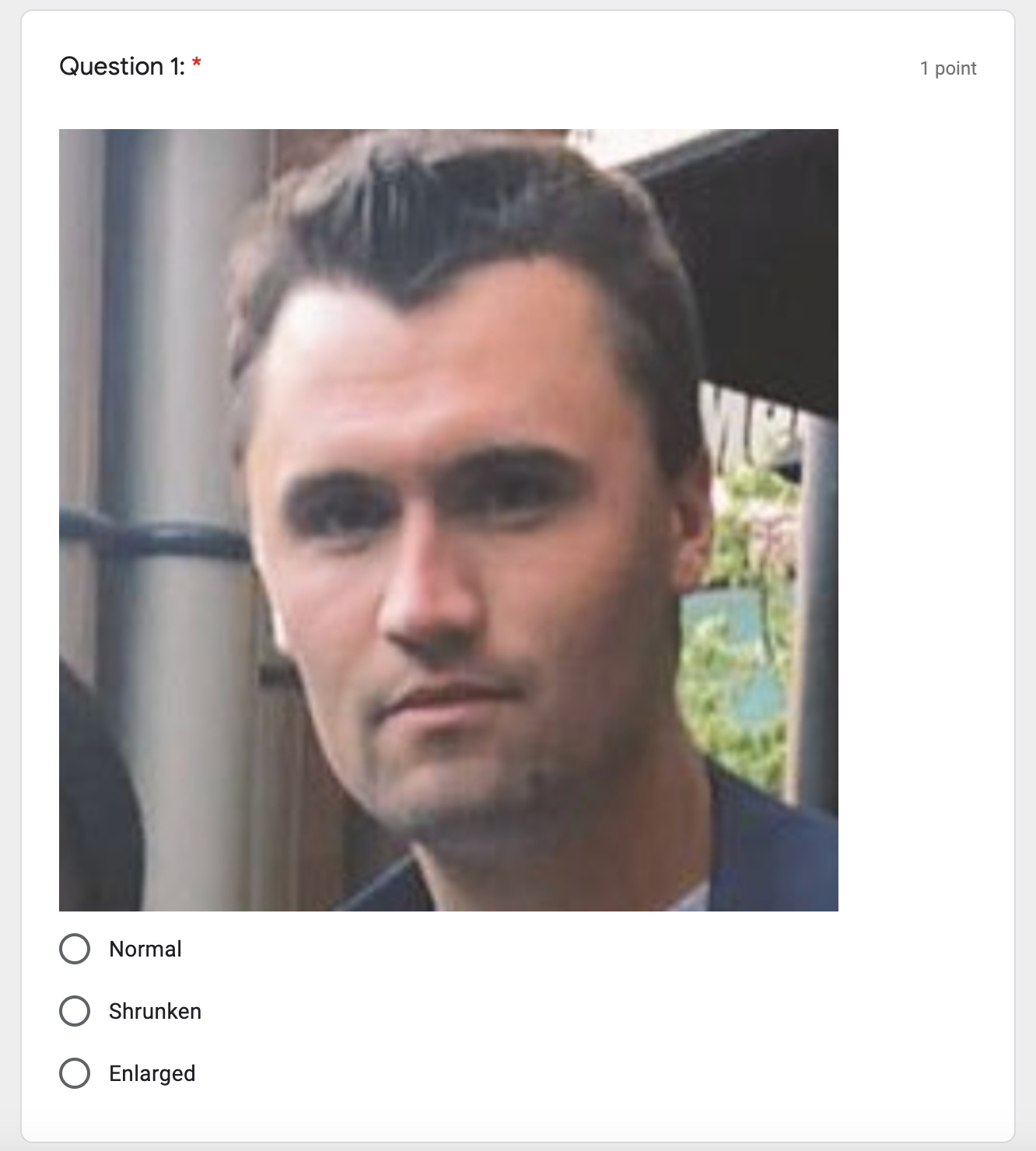 Is Charlie Kirk's face normal, shrunken, or enlarged?