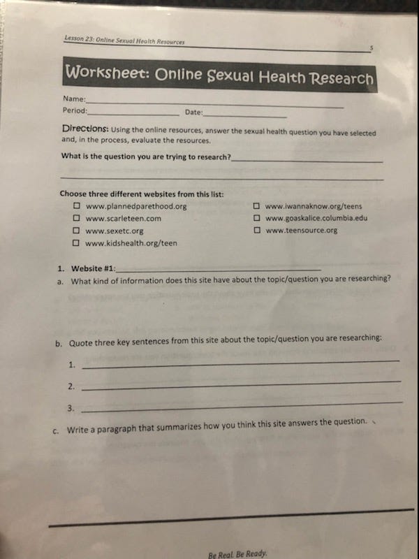 Teacher asks students to write down how comfortable they are with anal sex