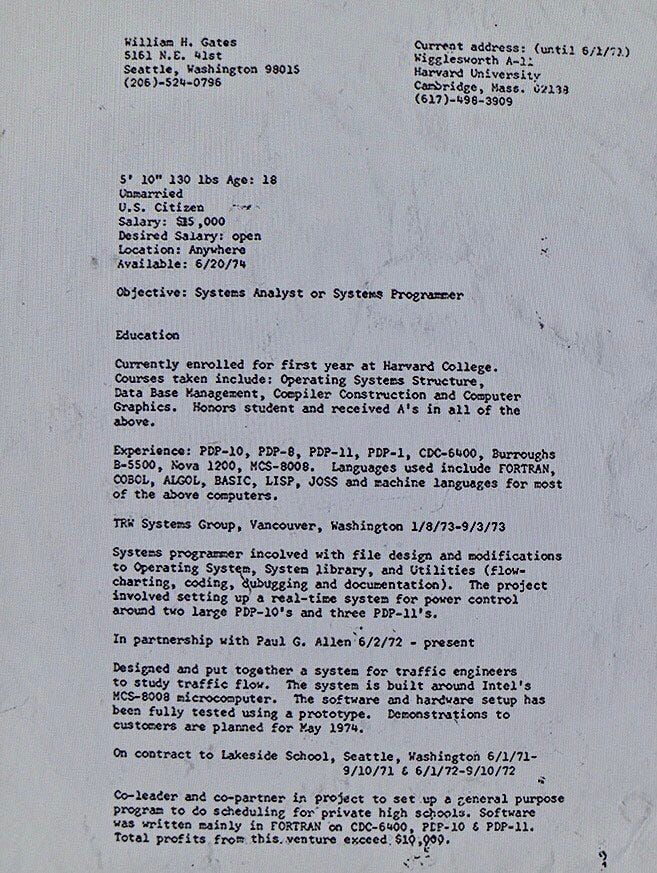 January 13: Bill Gates’ resume in 1974 - by Danny Sheridan