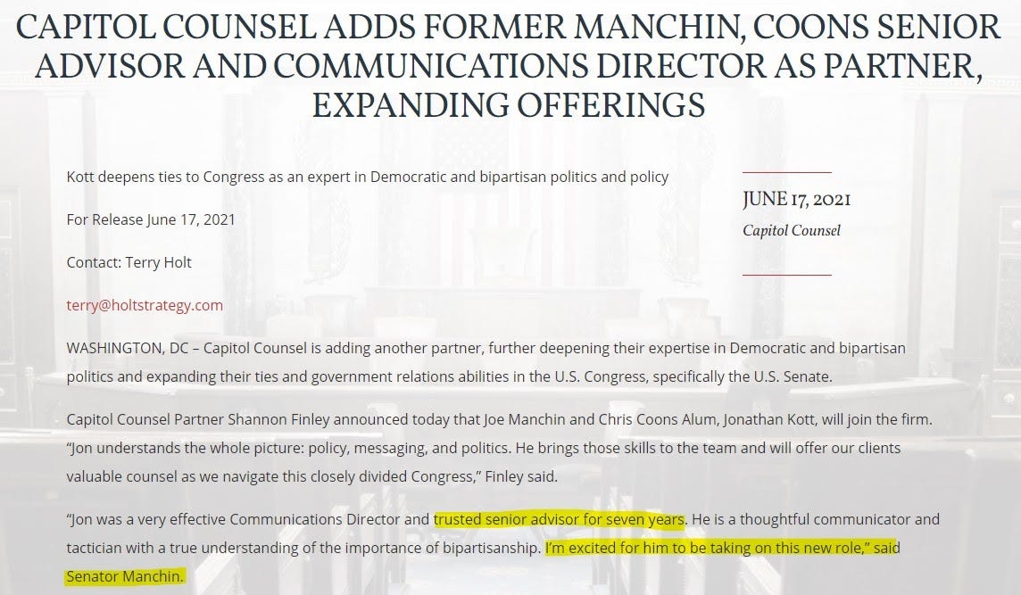 The Manchin industry - by Judd Legum and Tesnim Zekeria