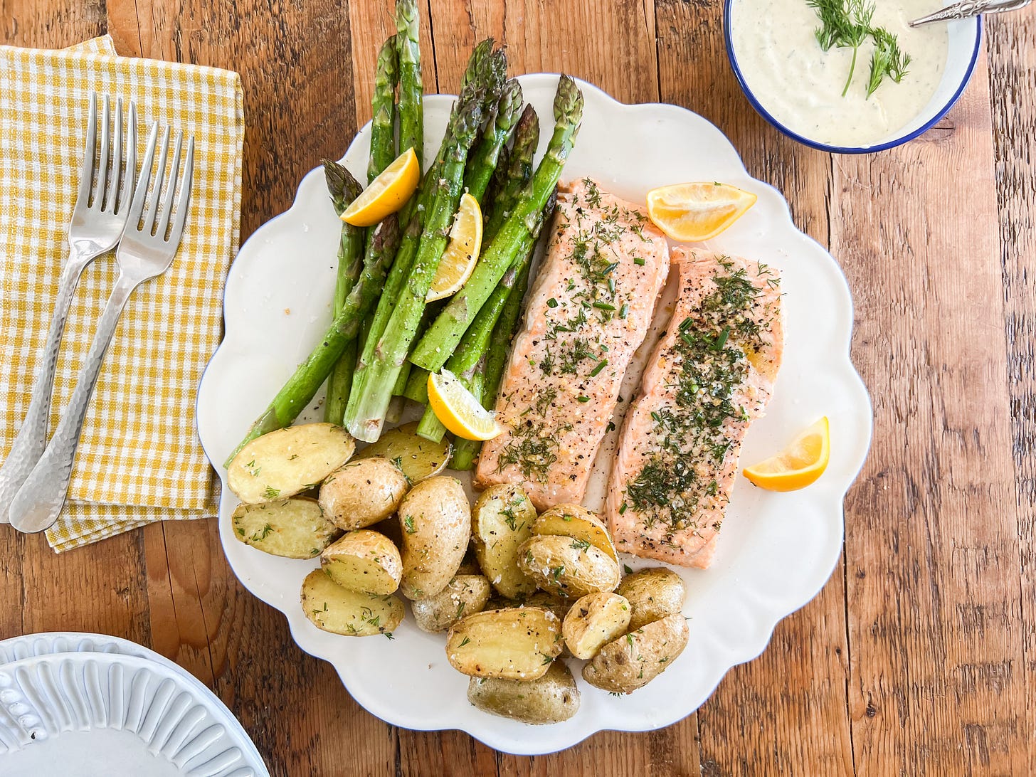 sheet-pan spring salmon - by Caroline Chambers