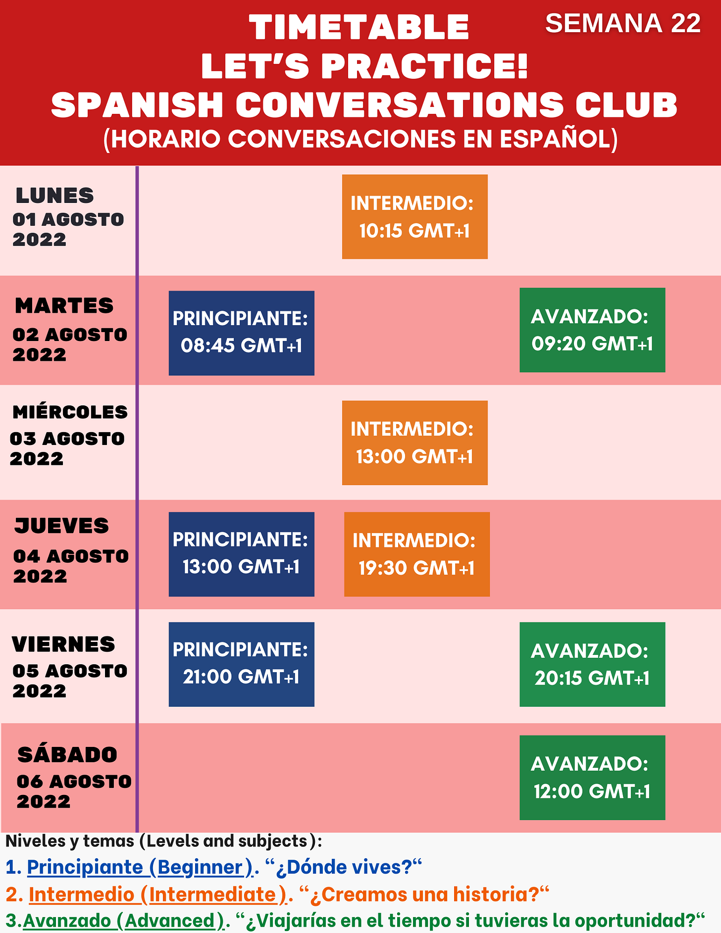 Free Spanish Language Conversation Club, Week 22. - (Monday 01 to ...
