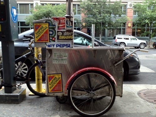 Hot Dog Time Machine: Street cart in TriBeCa has 1970s stuck all over it