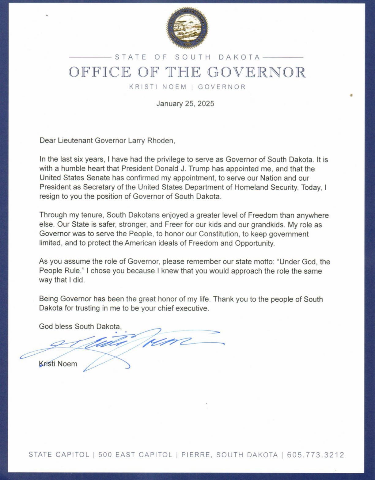 Kristi Noem resigns as South Dakota governor, Rhoden assumes office