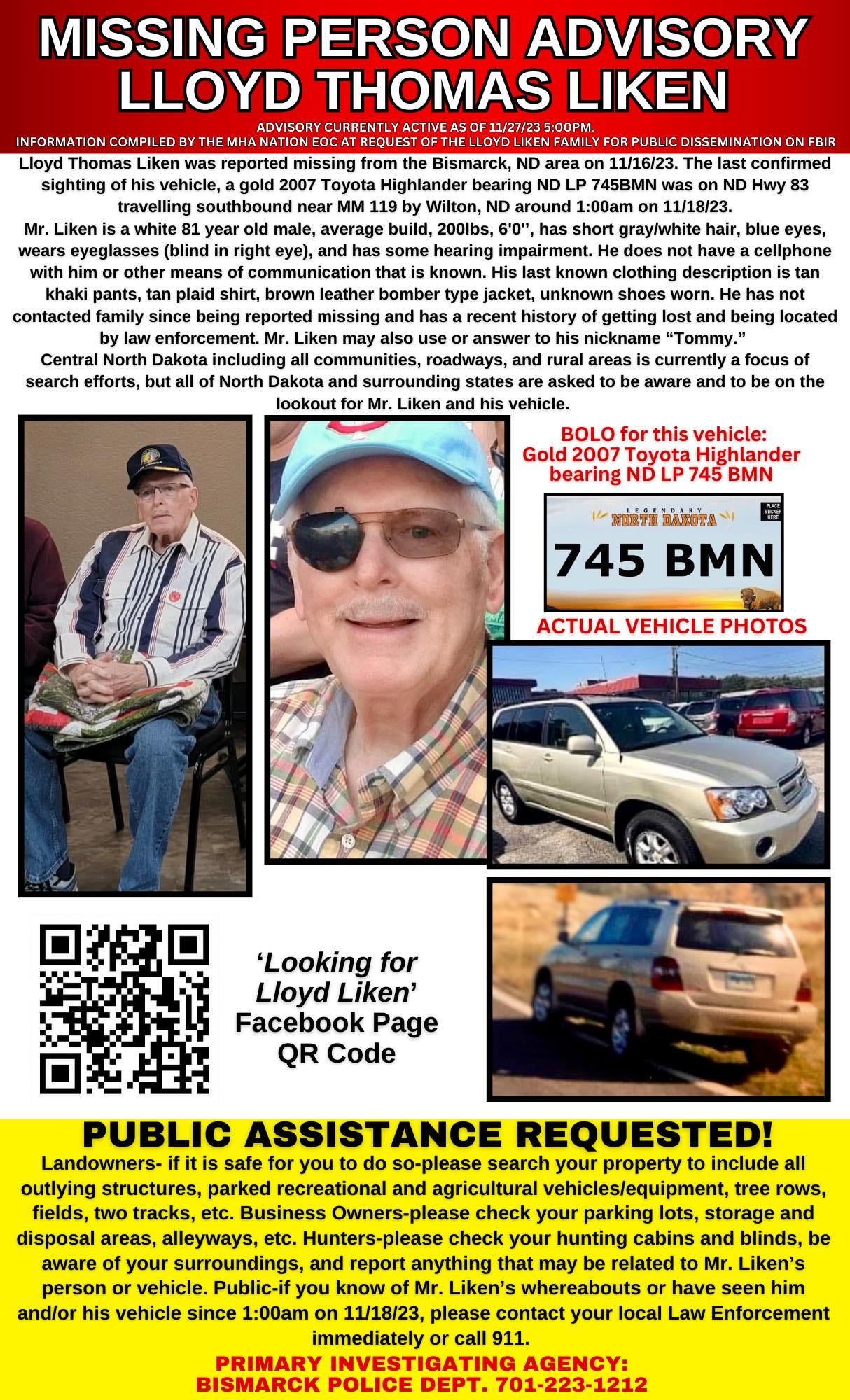 North Dakota man Lloyd Liken is missing.
