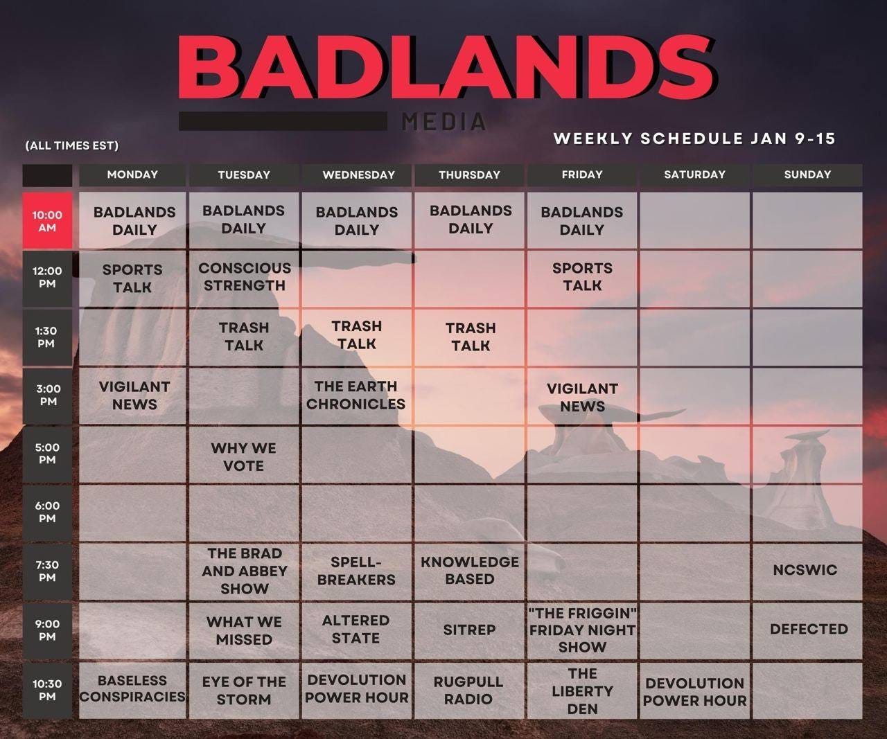 Badlands Media Show Schedule - by Burning Bright
