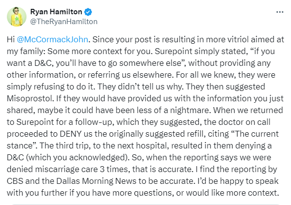 Texas Resident Ryan Hamilton Claims His Wife Was Denied Care for a ...