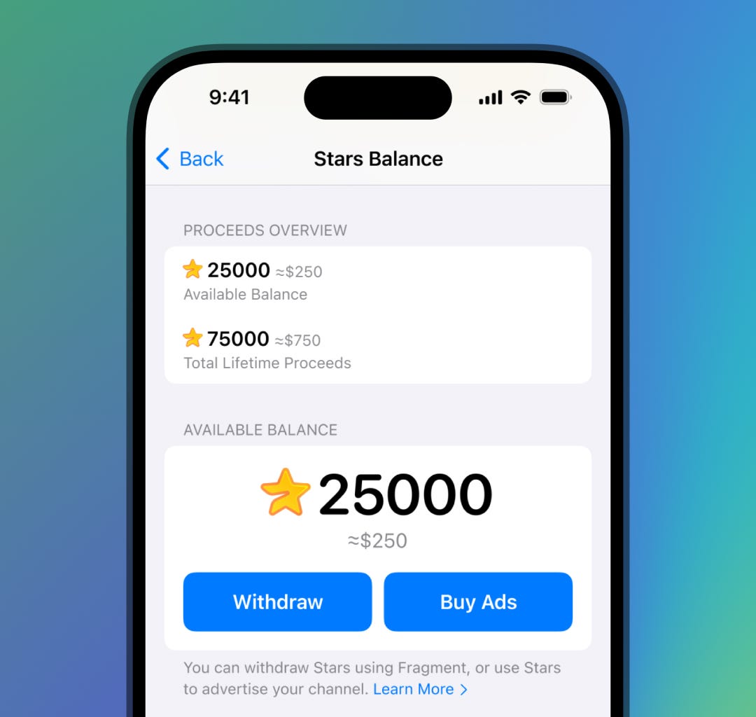 【Telegram Stars】Telegram 中的新应用内积分 / 可用于购买付费内容、应用内物品和广告。