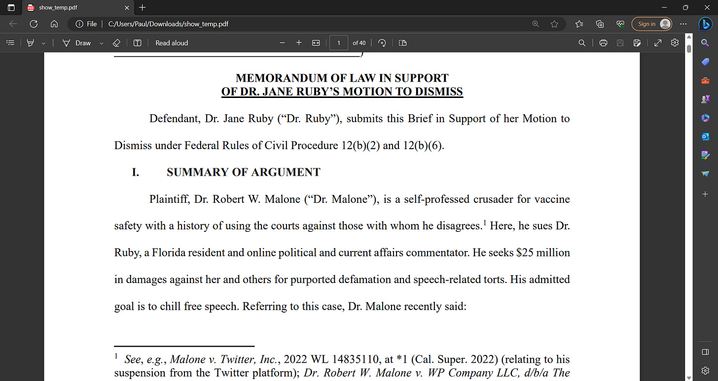 Dr. Jane Ruby (public document) files her legal response to Dr. Robert Malone's lawsuit ...