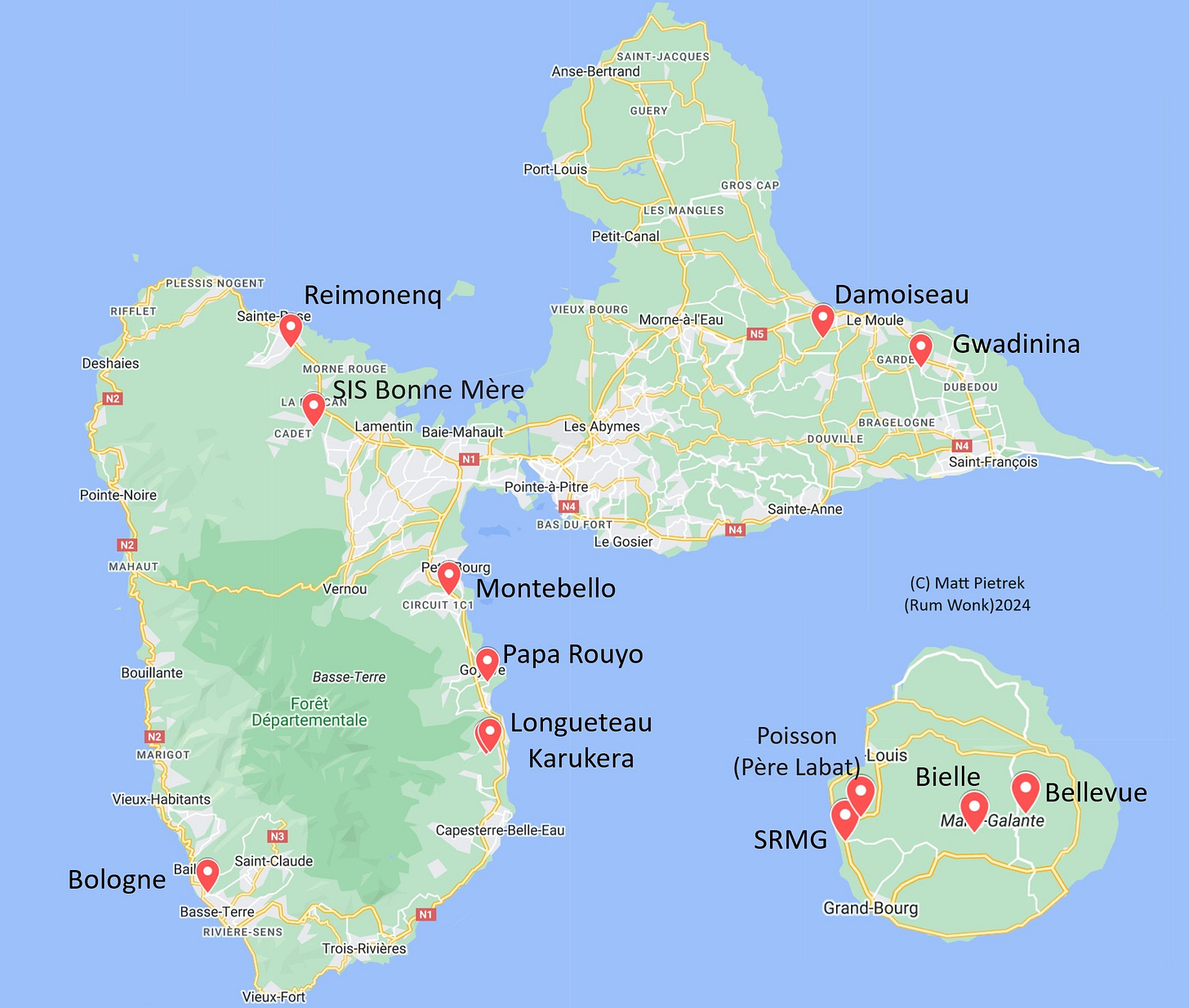 Guadeloupe Rhum Distillery Map - by Matt Pietrek - Rum Wonk