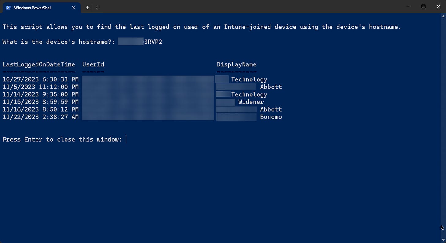 Getting a list of last logged on users for an Intune Device