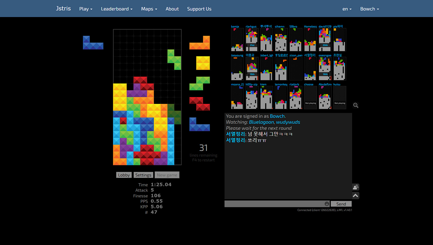 Jstris: The best browser based Tetris you're not playing.