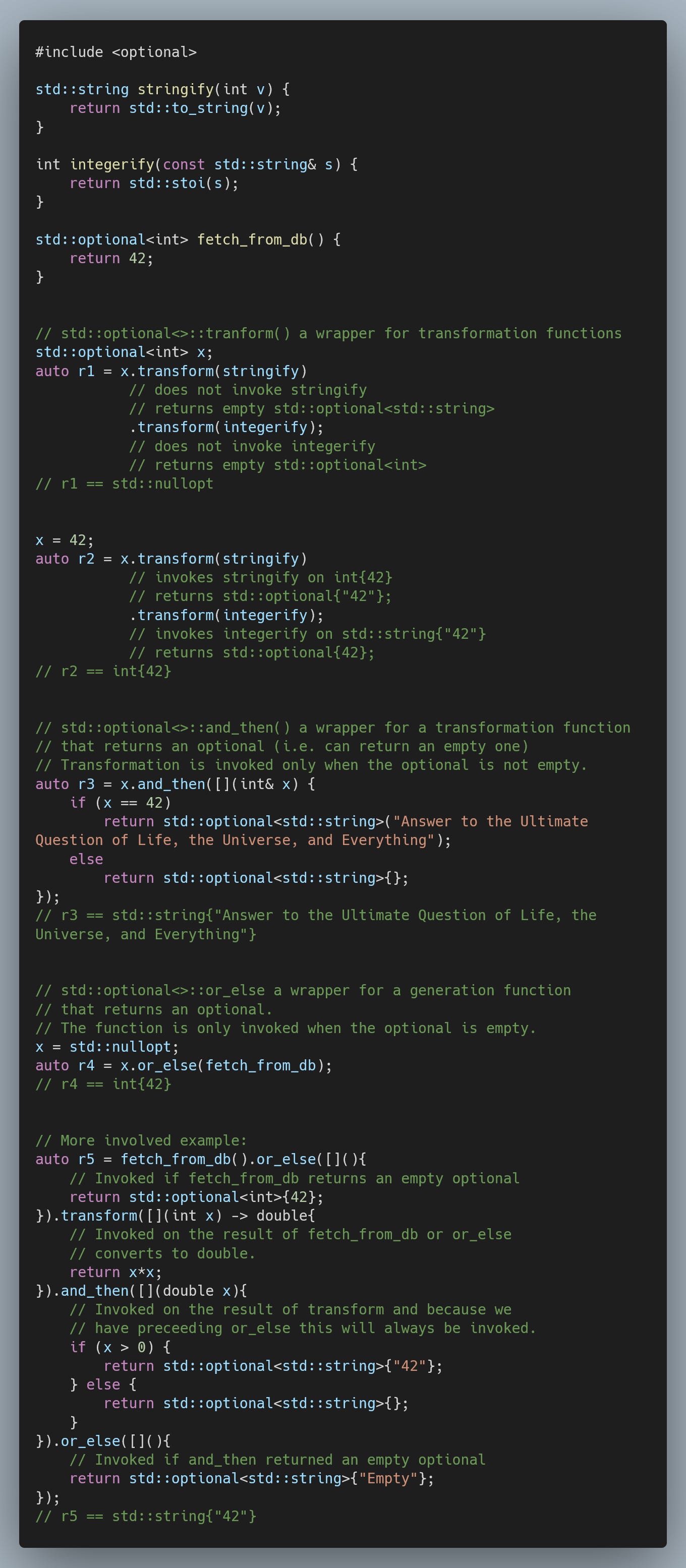 Daily bit(e) of C++ | Monadic interface for std::optional