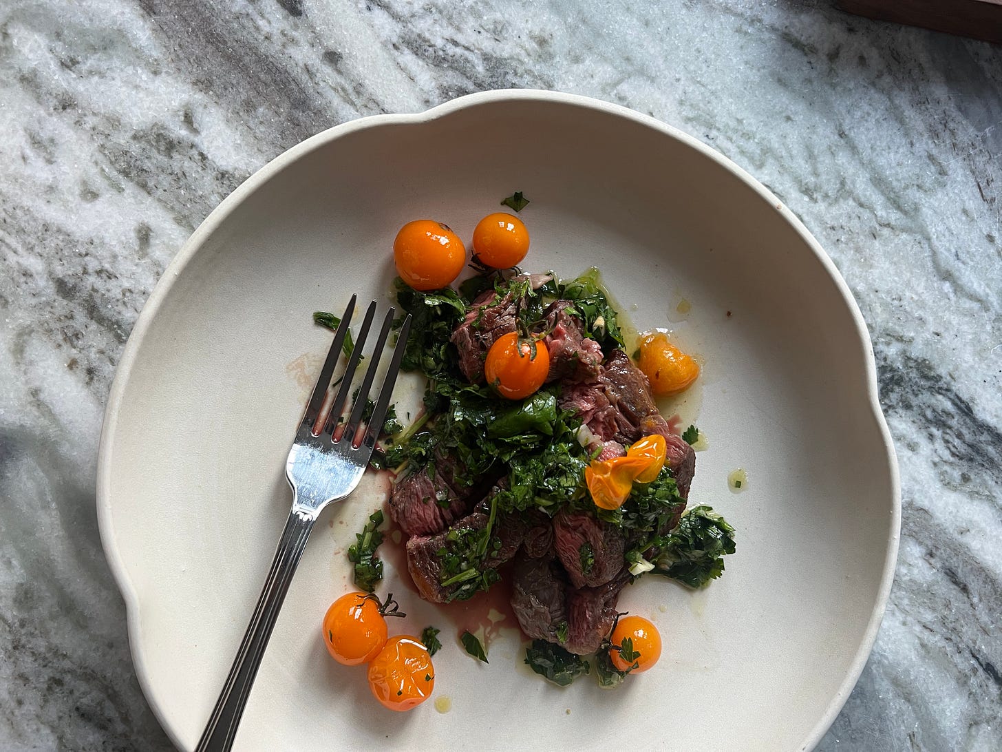 Butcher Steak, Chimmi, & Tomatoes.