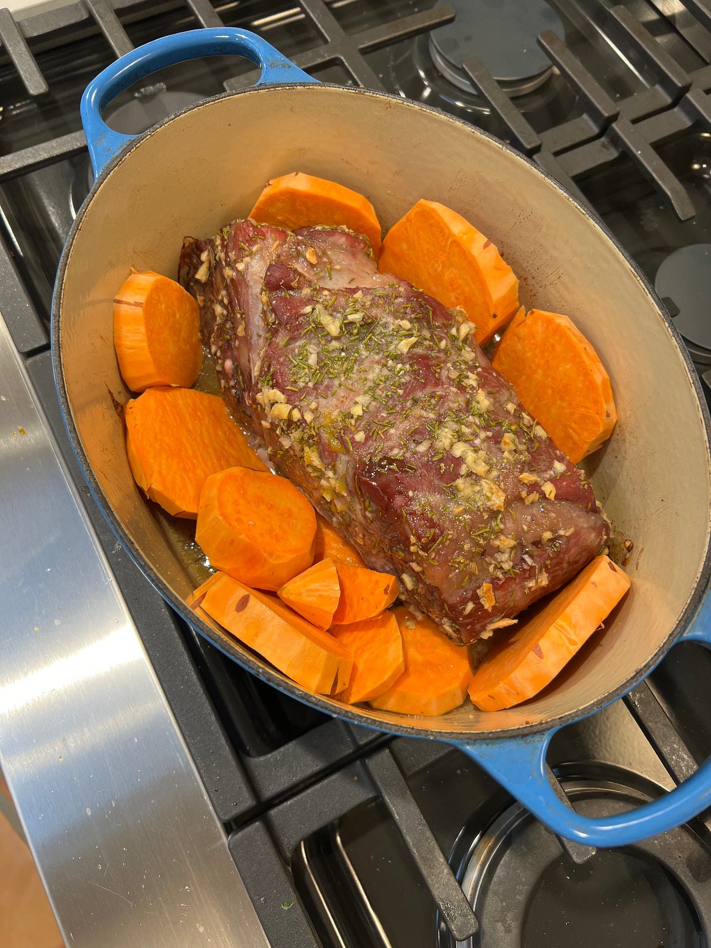 rosemary garlic pork shoulder with sweet potato puree