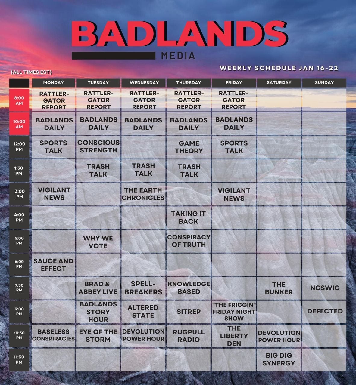 Badlands Media Show Schedule - by Burning Bright