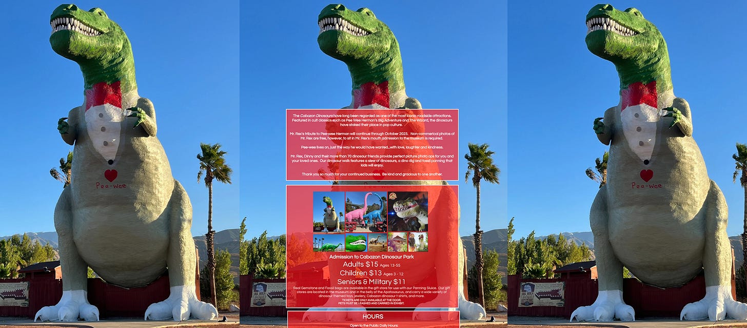 California dinosaur attraction honors Pee-wee Herman; revisiting road ...
