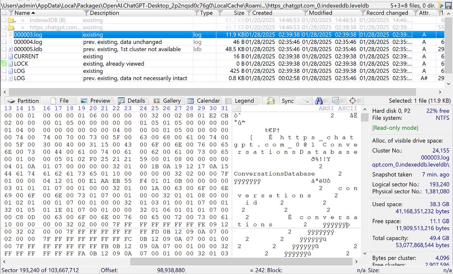 LevelDB WAL log - extracting ChatGPT desktop conversations