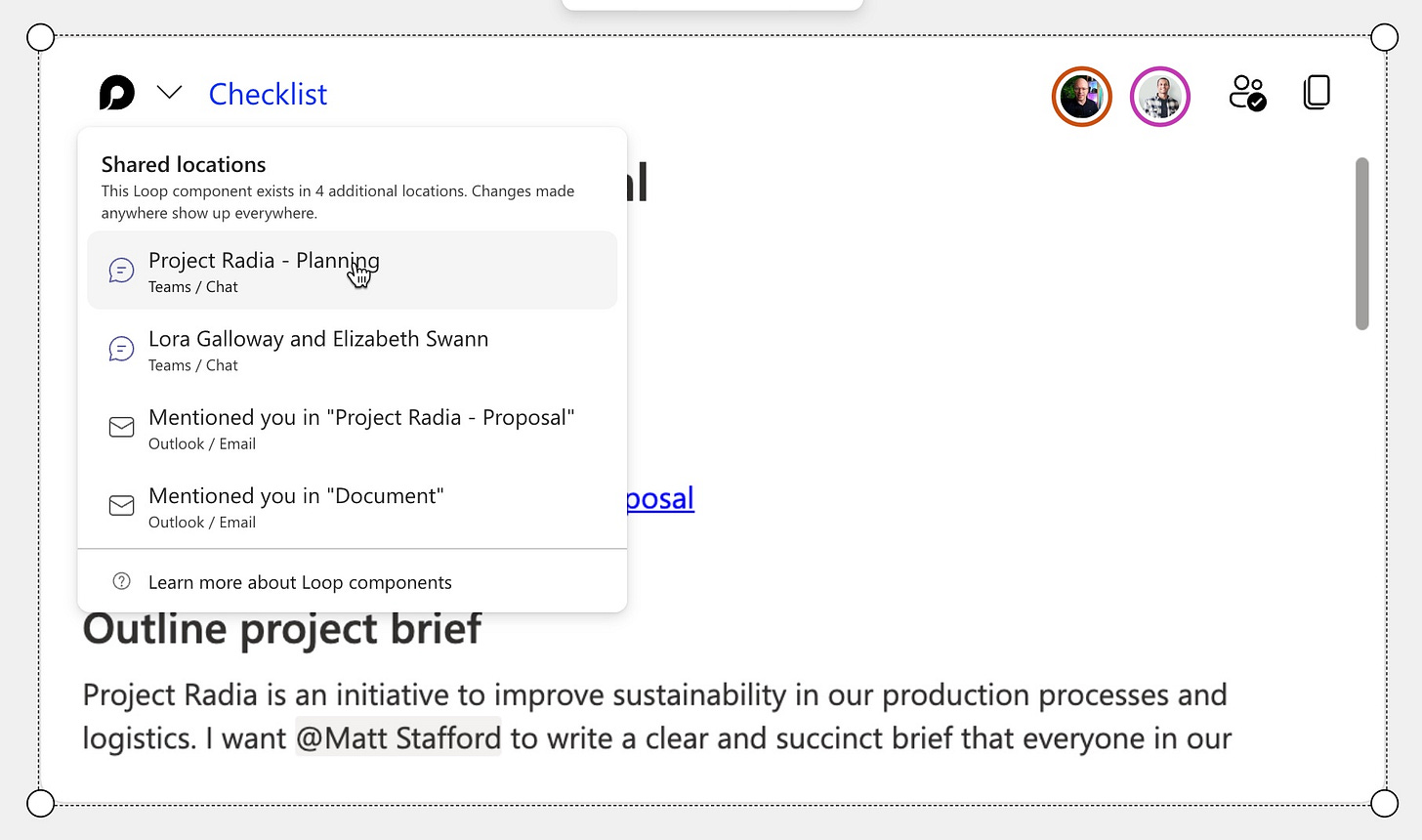 Microsoft Loop components in Word Online and Microsoft Whiteboard
