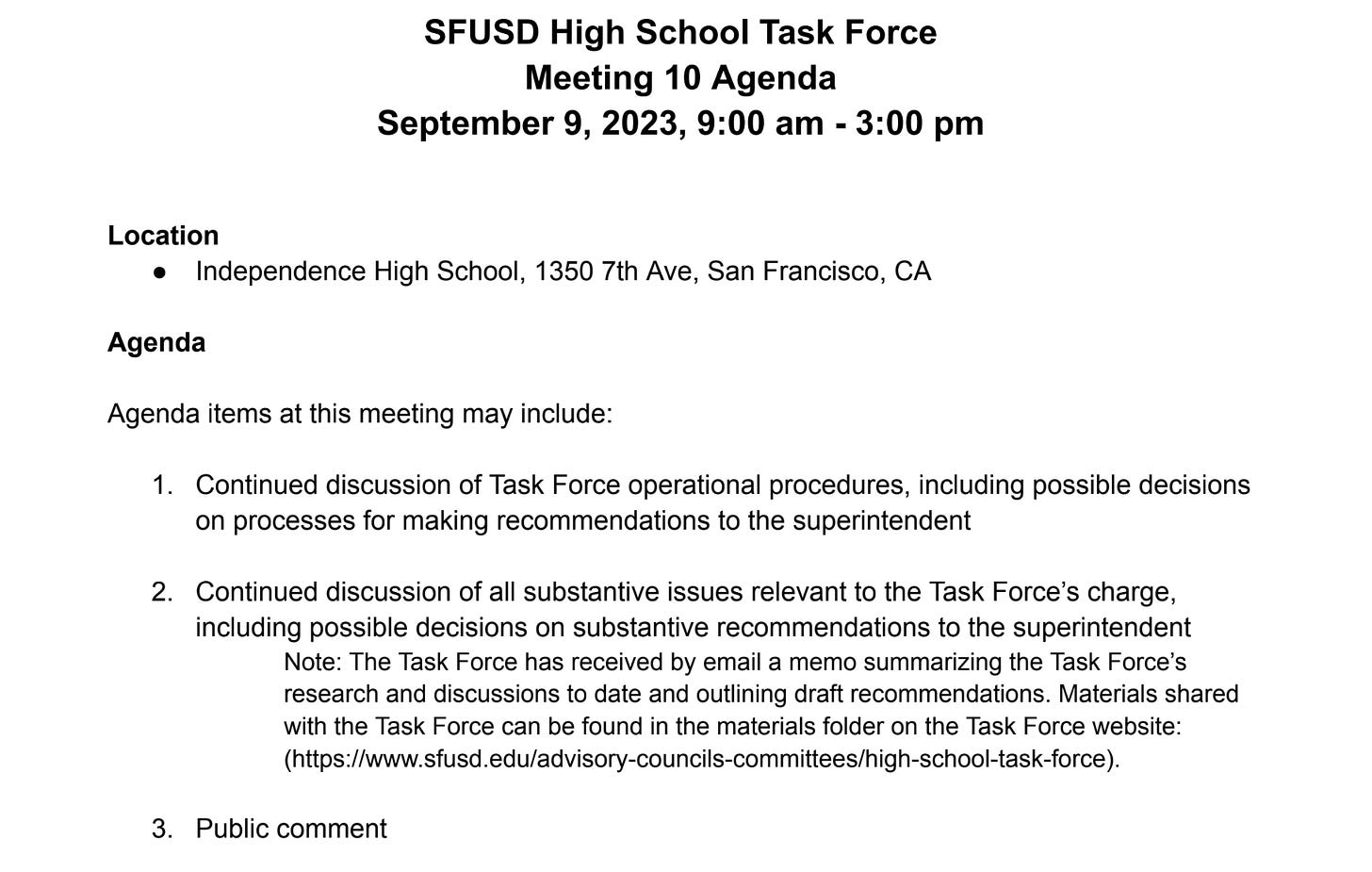 PSA: High School Task Force Draft Recommendations