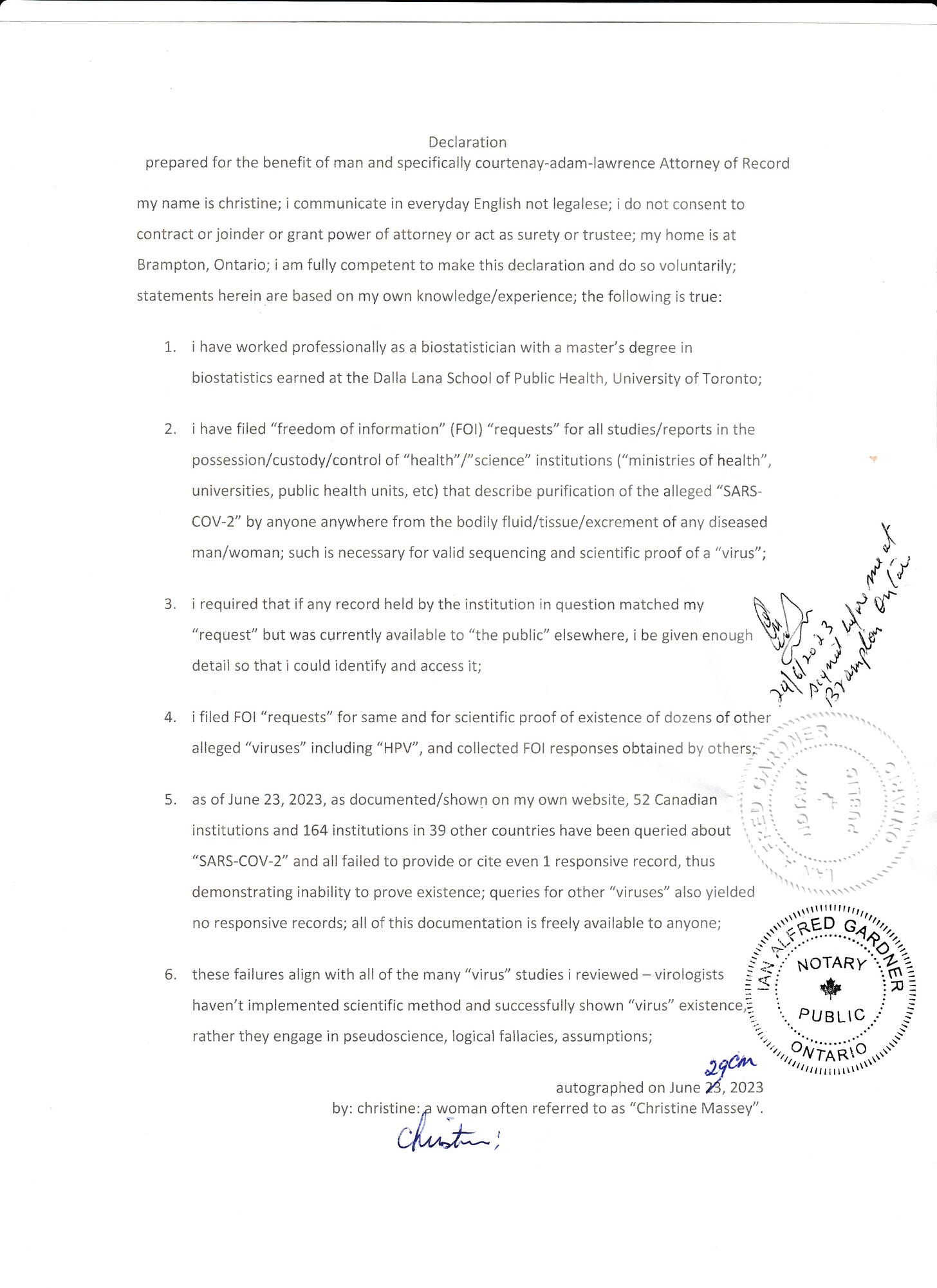 1-page notarized declaration re hundreds of "virus" FOIs showing ...