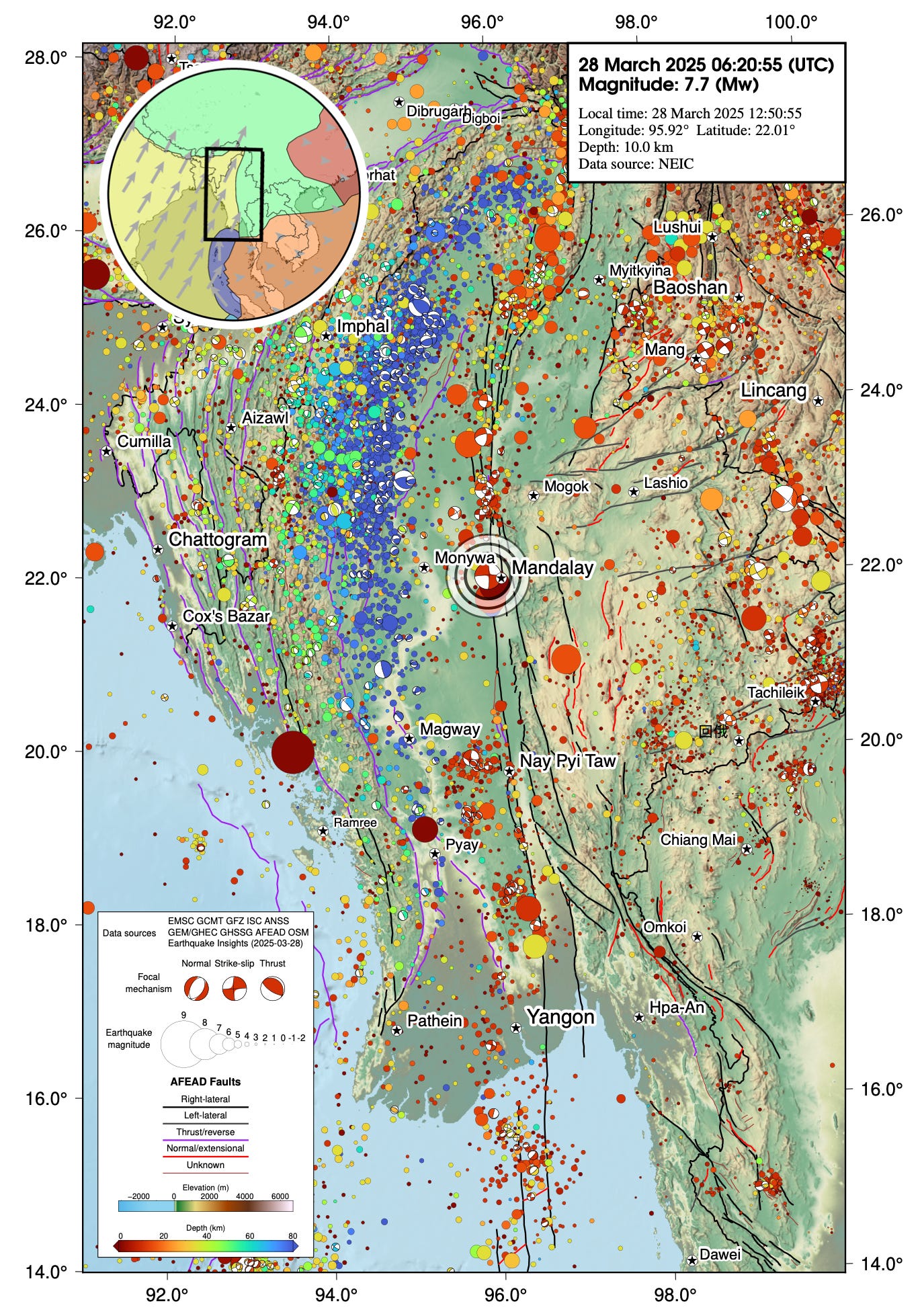 Catastrophic M7.7 earthquake caused by rupture of Sagaing Fault in Myanmar