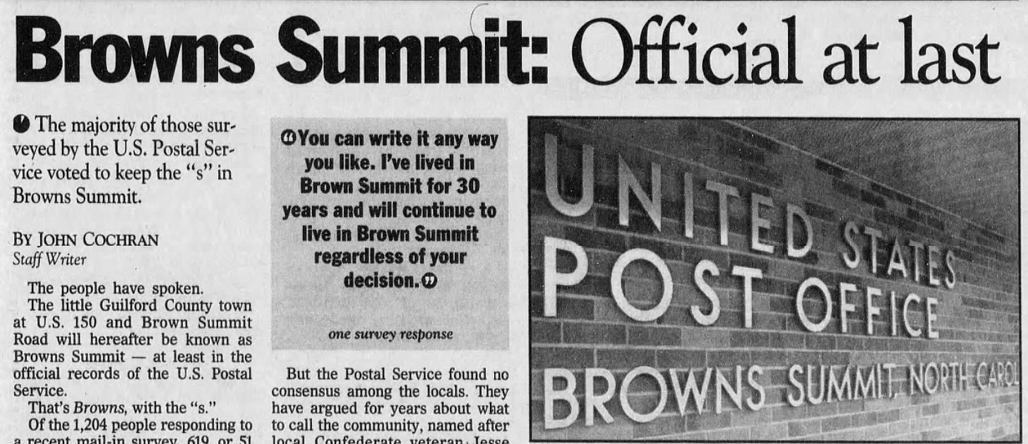 Browns (or Brown) Summit and the Disappearing Apostrophe