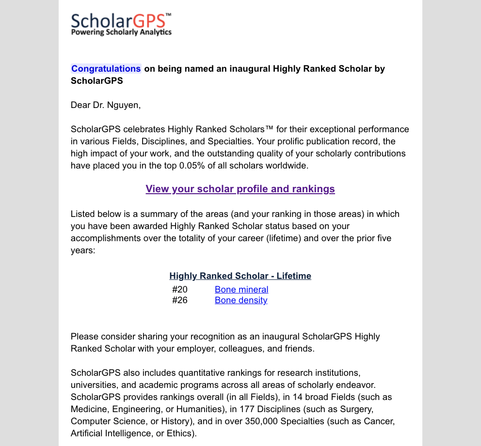 Highly Ranked Scholars™ by ScholarGPS - by Tuan V. Nguyen