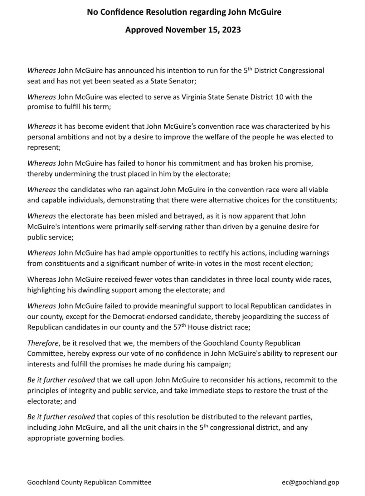 Goochland Republicans sent McGuire a 'No Confidence' resolution over ...