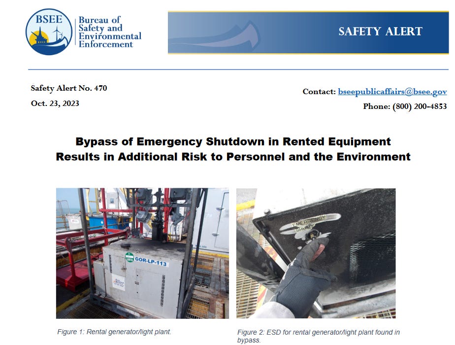 BSEE Safety Alert 470: Bypass of Emergency Shutdown in Rented Equipment