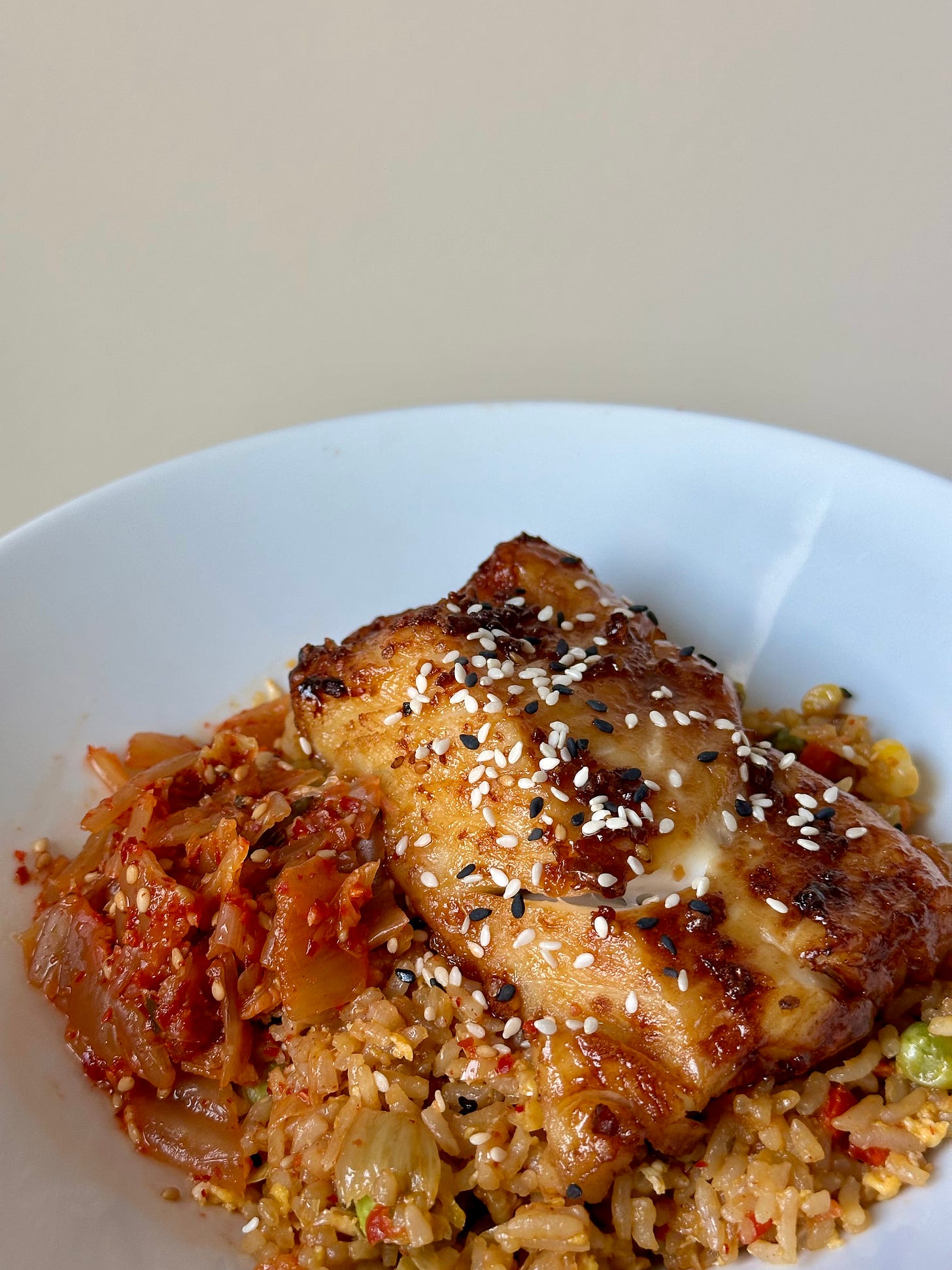 Cod and Kimchi Fried Rice - by PlantBasedBre