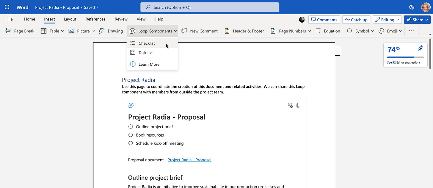 Microsoft Loop components in Word Online and Microsoft Whiteboard