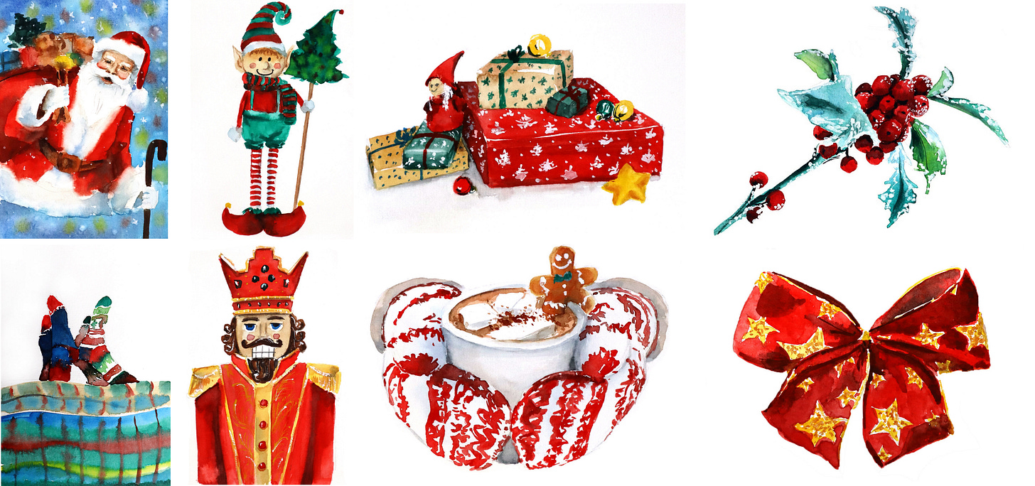 24 watercolor ideas for Christmas - by Yana Shvets