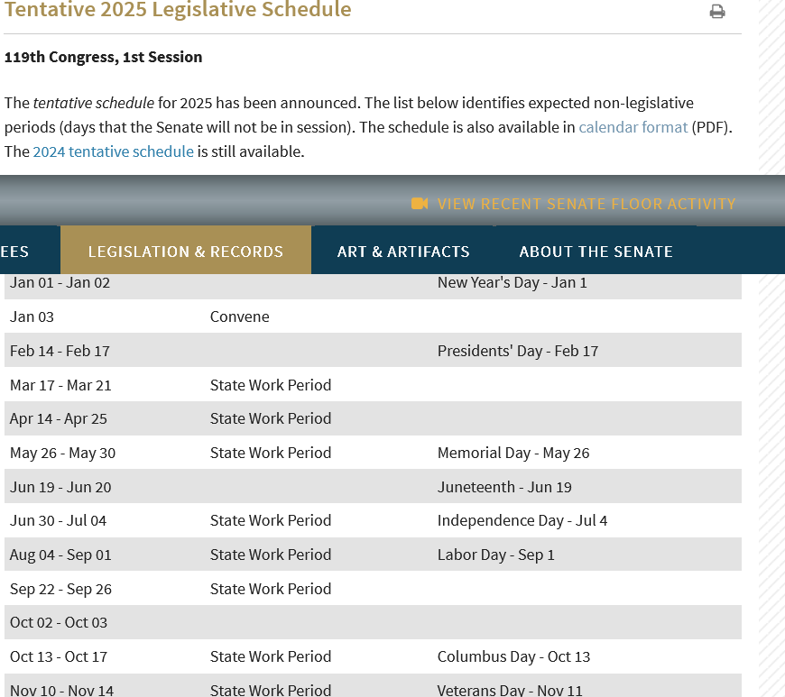 Calendars for the Senate and House of Representatives