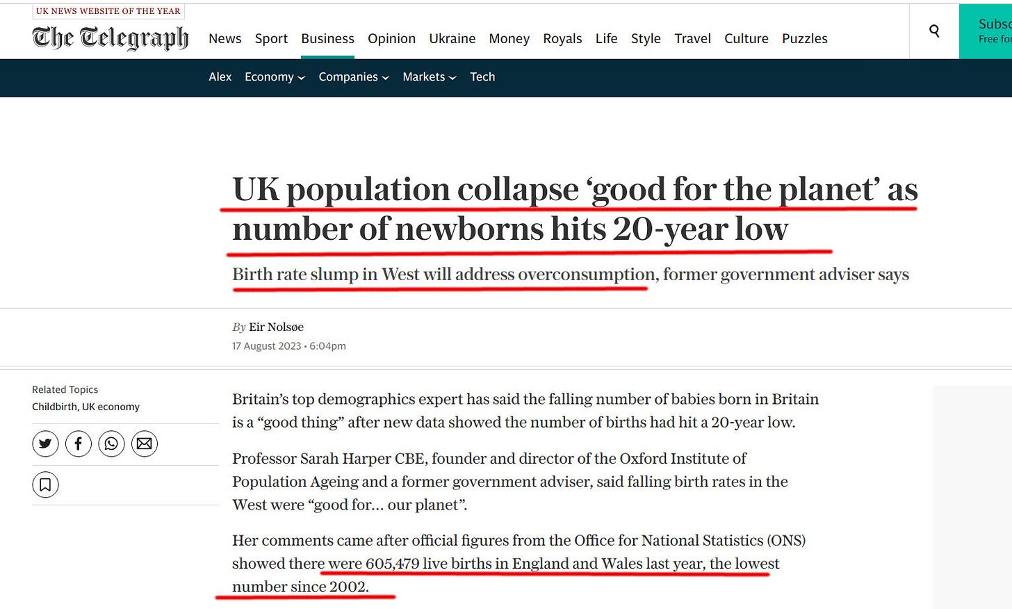 U.K. population collapse “good for the planet”, WEF adviser Prof Sarah ...