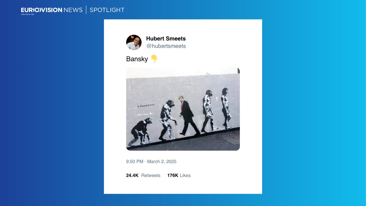 Street art of Trump walking against evolution falsely attributed to Banksy