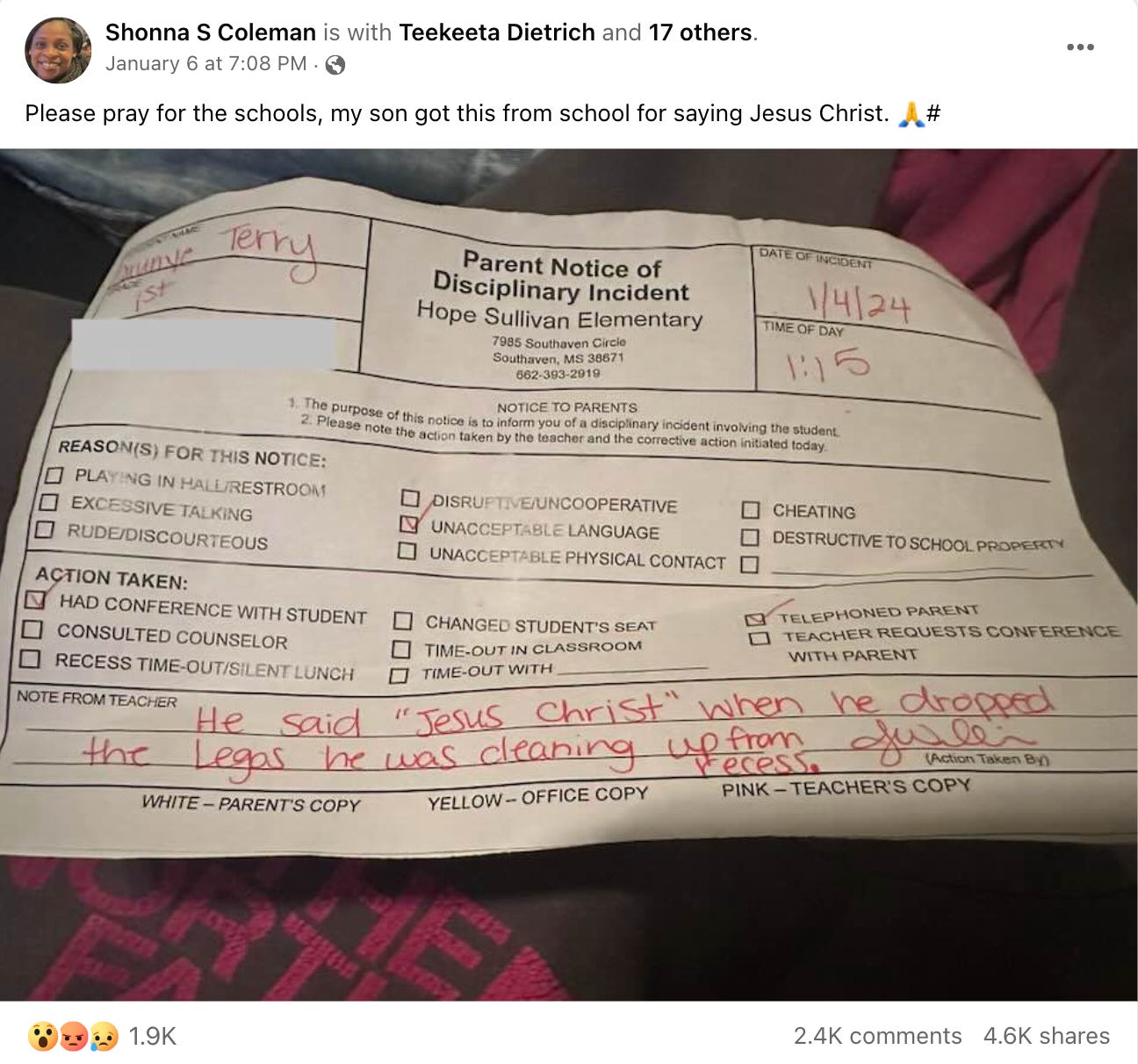 A Mississippi school rightly reprimanded a kid who said "Jesus Christ ...