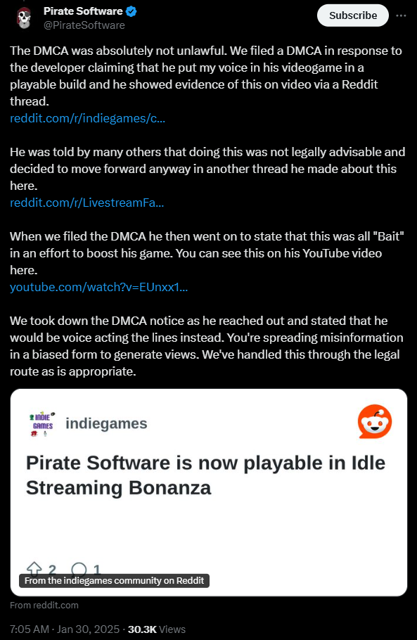 [Update] Pirate Software Doubles Down on Unlawful DMCA. Discord chats ...
