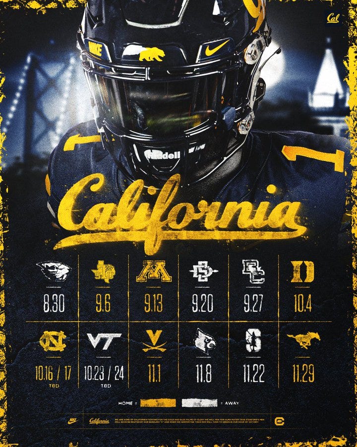 Cal football 2025 schedule released: Weekday games vs. UNC, at Virginia ...