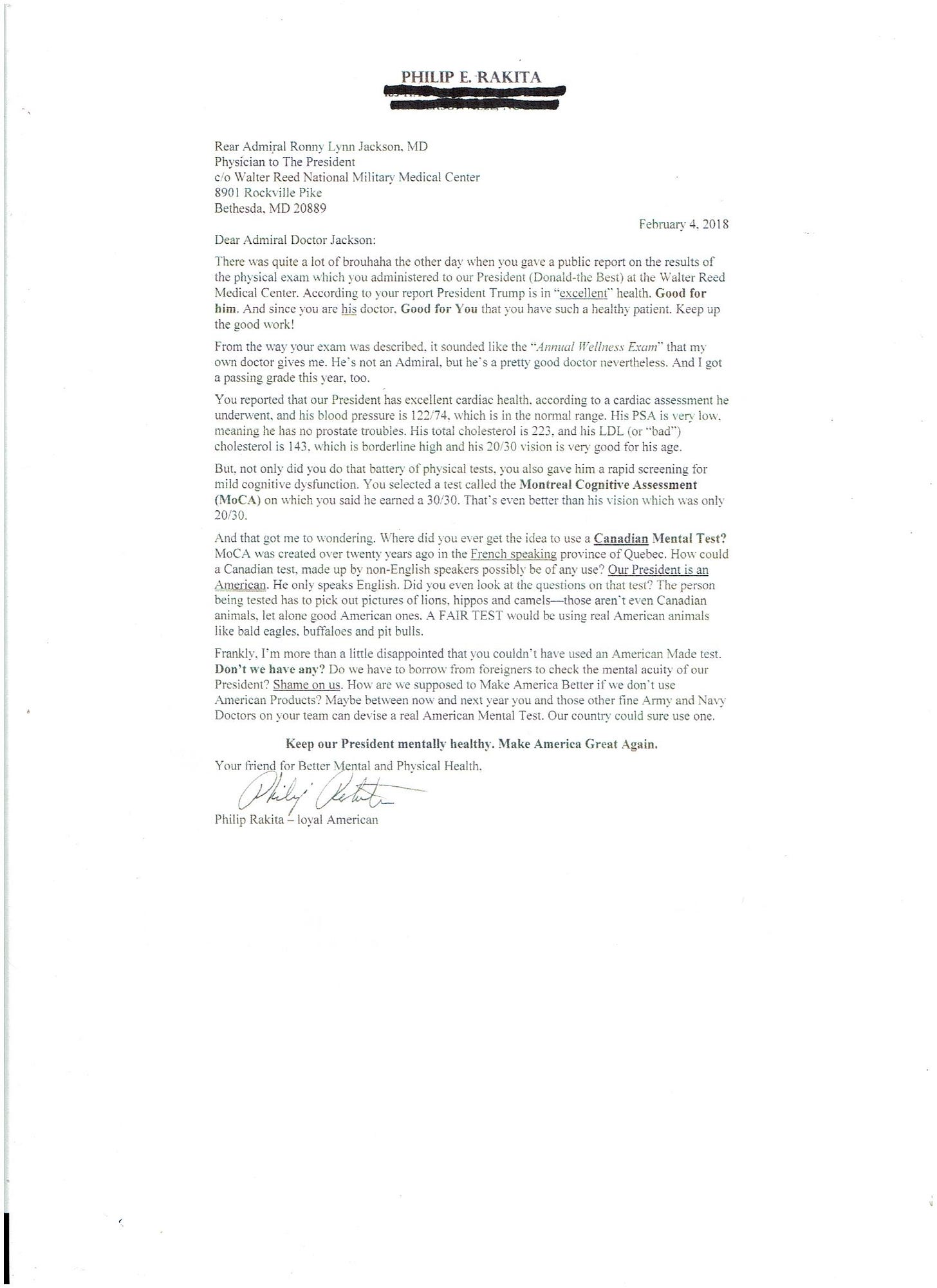 Letter to Congressman Ronny Jackson - by The Loyal American