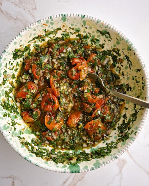 Charred Tomato Chimichurri Cod - by Carina Wolff