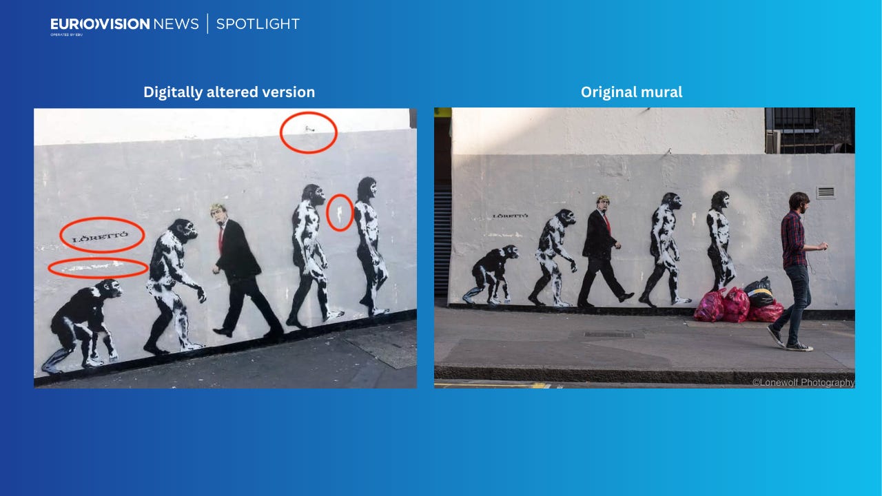 Street art of Trump walking against evolution falsely attributed to Banksy