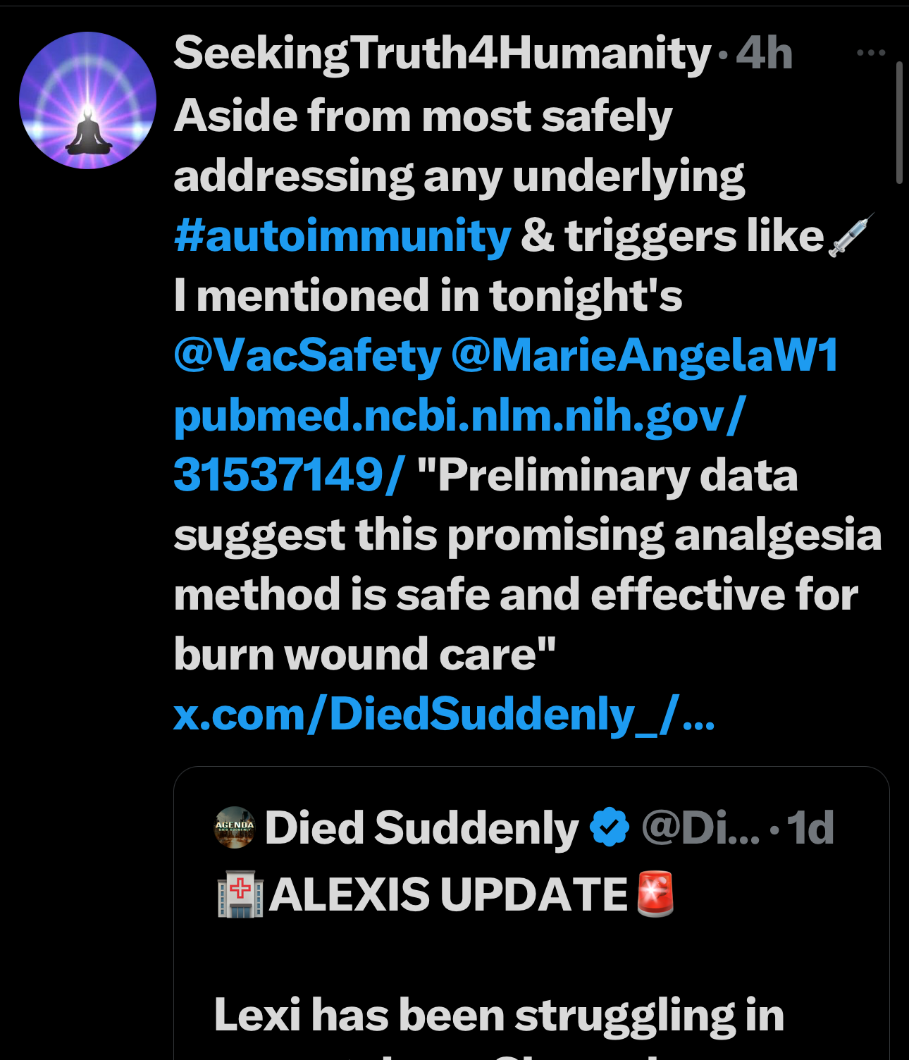 Alexis Update: Continued Pain from Removing Dead Tissue