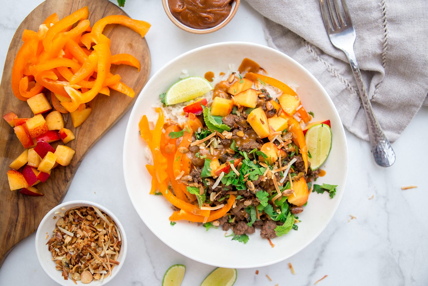 beef basil bowls with coconut-ginger rice