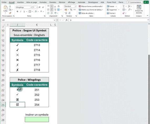 Comment insérer un symbole dans Excel - Exceletter