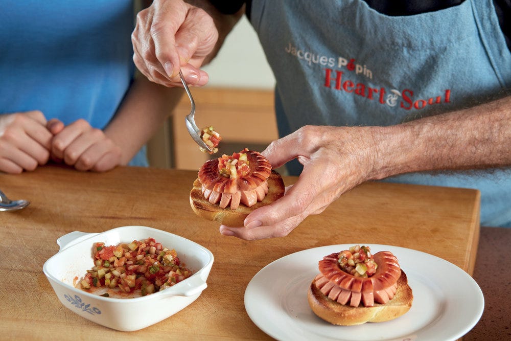 Curly Dogs with Pickle Relish by Jacques Pépin
