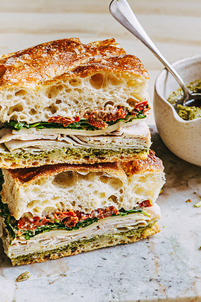 turkey pesto focaccia sandwiches - by Caroline Chambers