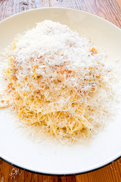 fried egg pasta with garlicky crunchies