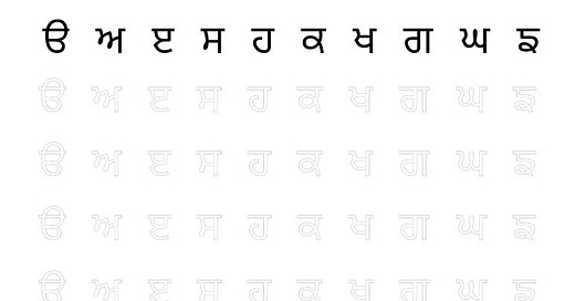 Free Gurmukhi Alphabets Tracing Sheet - by Gursharn Singh