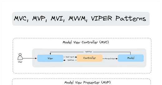 What is the difference between MVC, MVP, MVI, MVVM, MVVM-C, and VIPER architecture patterns?